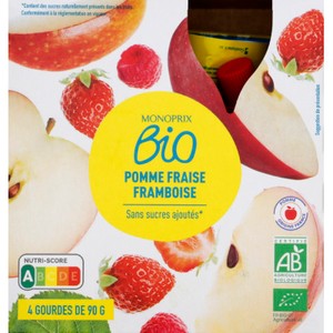 Monoprix Bio Pomme fraise framboise gourdes 4x90g - Monoprix Courses en ...