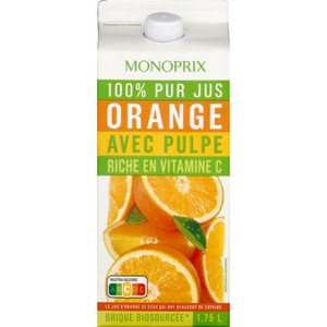 Monoprix Jus d'orange avec pulpe 100% pur jus 1,75L - Monoprix Courses ...